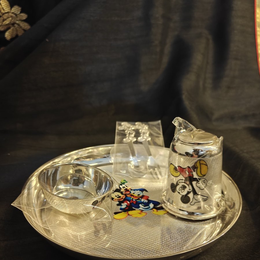 silver mickey mouse plate set [plate, glass, spoon, bowl]